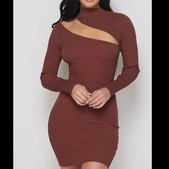 Hera Collection | Dresses | Hera Collection Brown Ribbed Mock Neck Cut ...